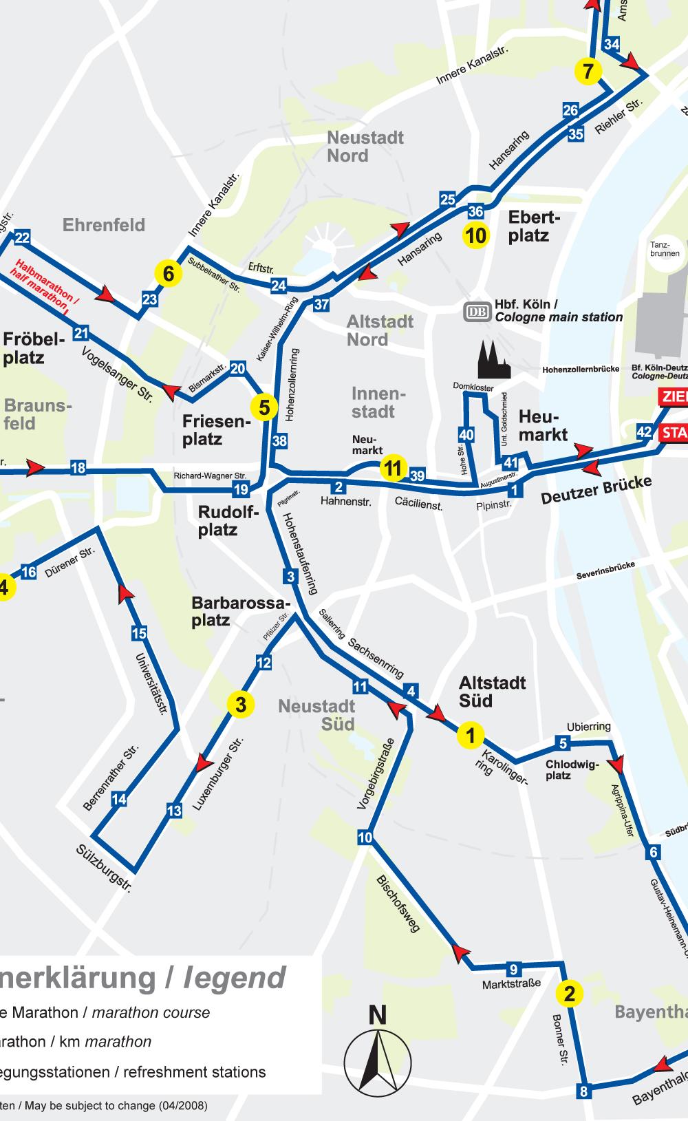Streckenplan Köln-Marathon NRW Deutschland: Stadtplan, Karte und ...